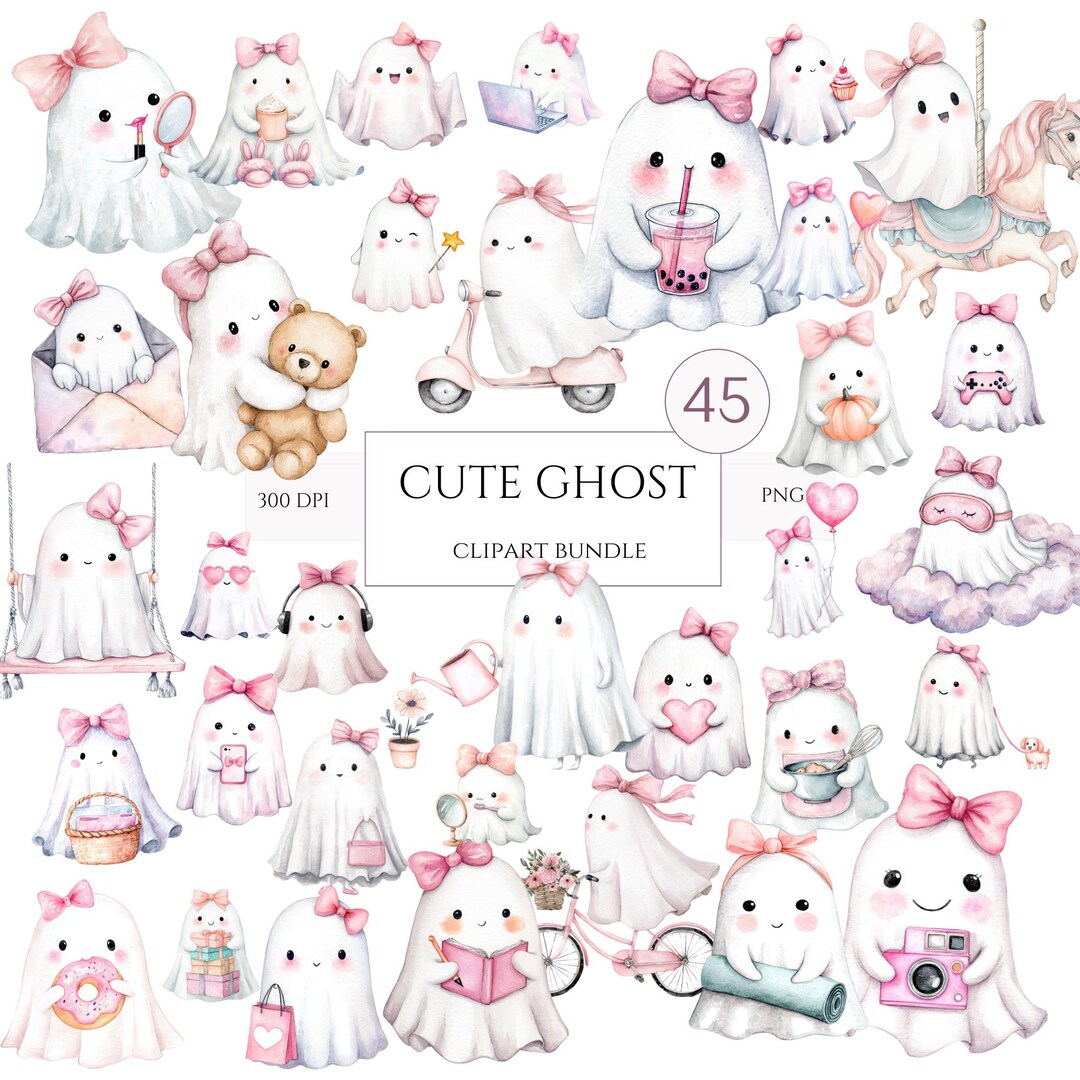 Whimsical Pastel Ghost Clipart, Cute Halloween Pink Pngs, Girly ...