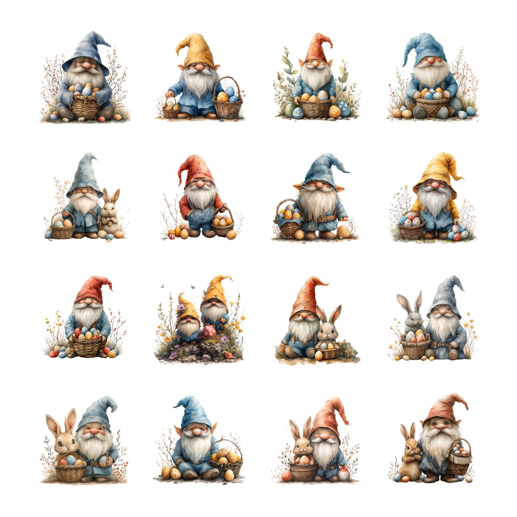 Watercolor Easter Gnome Collection Clipart, 20 PNG Easter Clipart ...