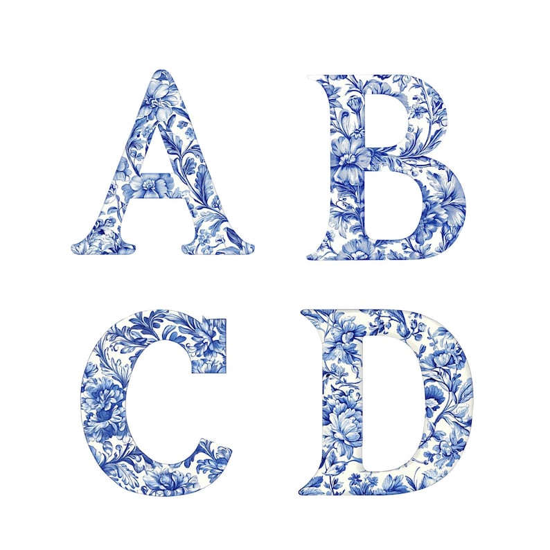 Chinoiserie Alphabet Clipart Bundle, 36 PNG Vintage Blue Watercolor ...