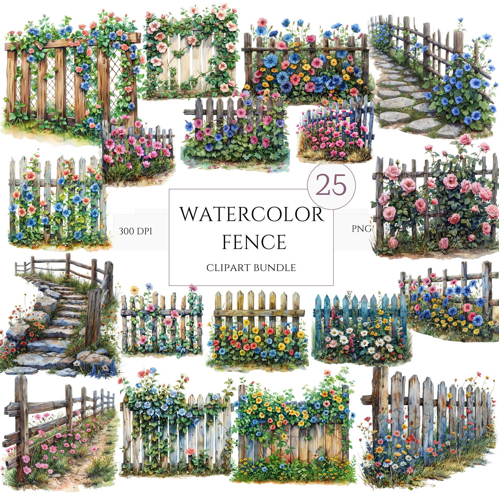 25 Watercolor Fences Clipart, Wooden Fence, Floral Fence Clipart ...