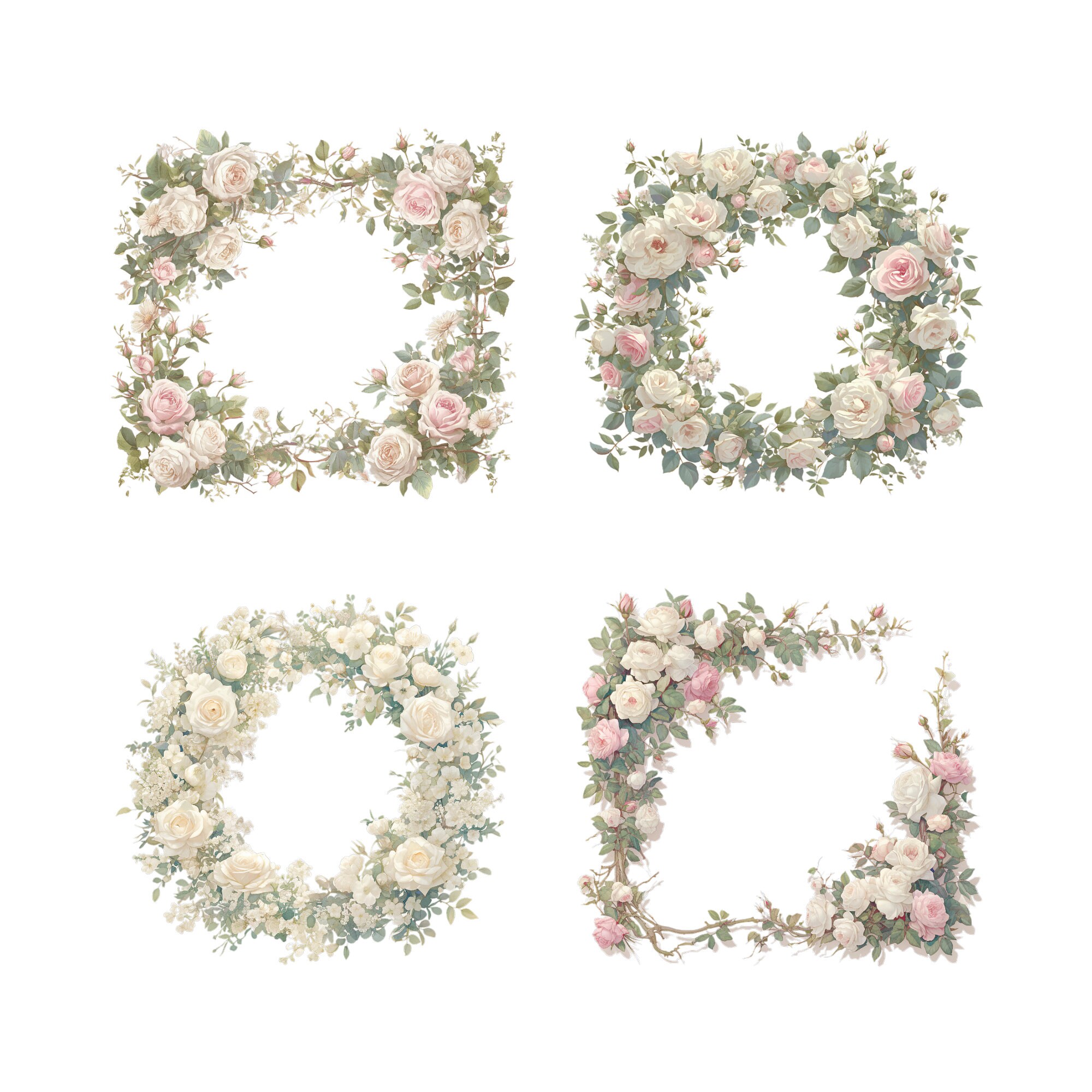 Set of 20, Pink and White Roses Frame Watercolor, Floral Frame Clipart ...