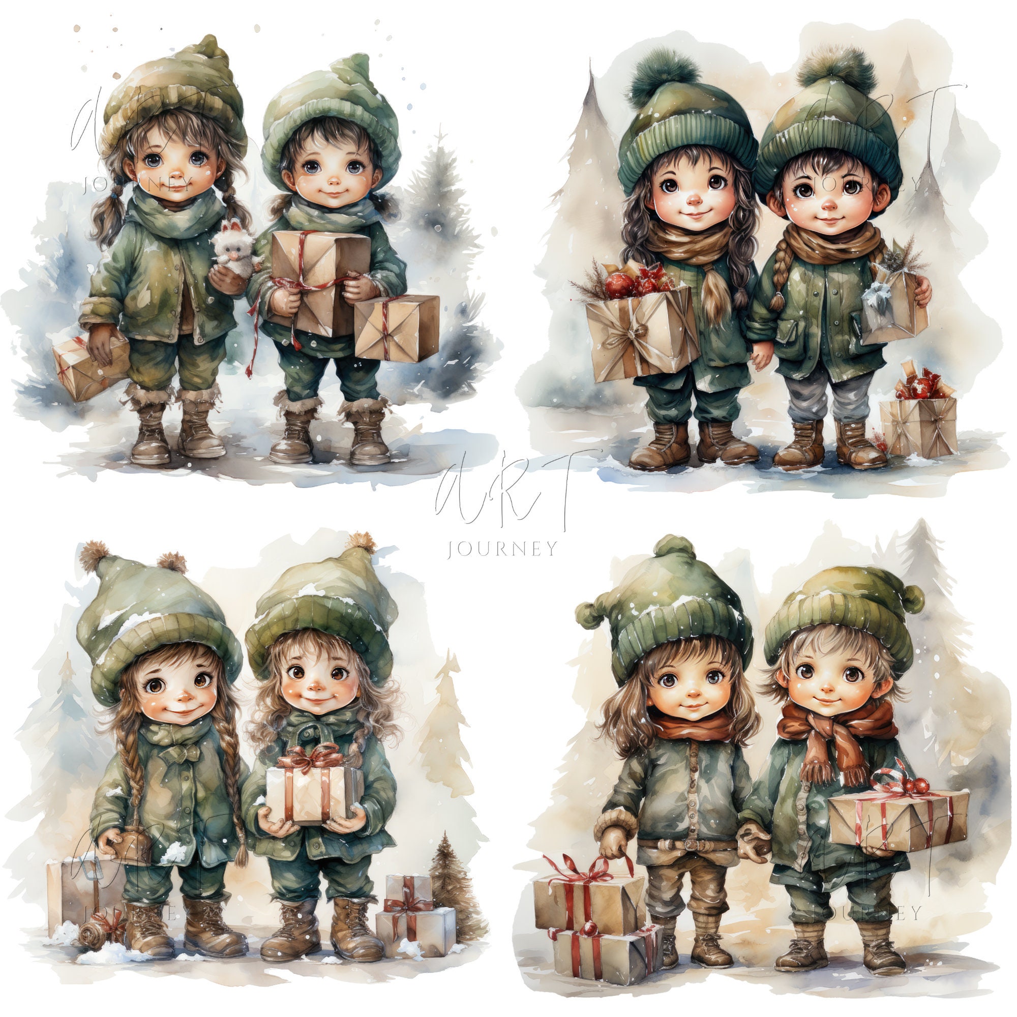 Watercolor Elves Festive Clipart Bundle Christmas Cute - Etsy