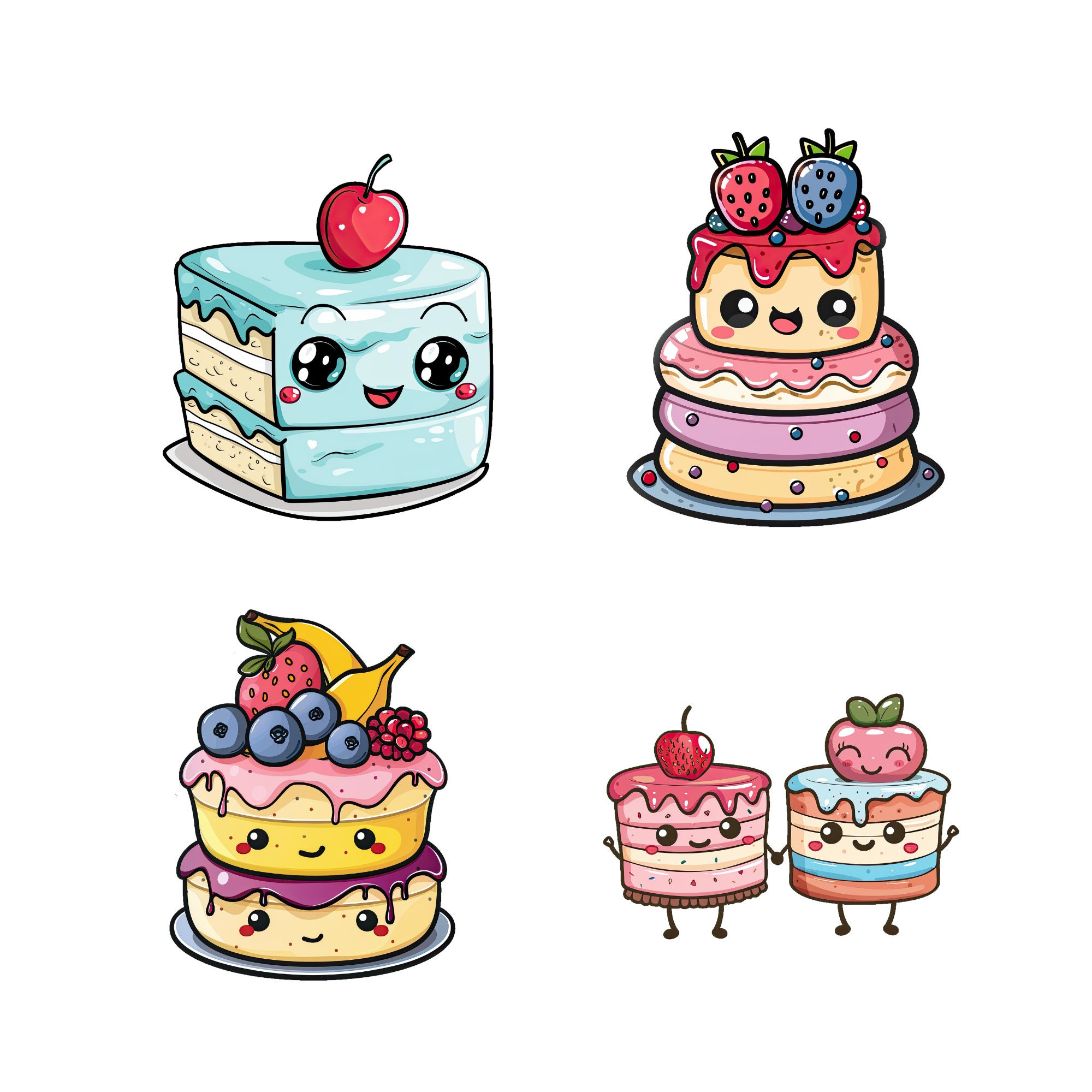 Kawaii Cute Cake Clipart Bundle - 40 PNG Bundle Adorable Cakes Clipart ...