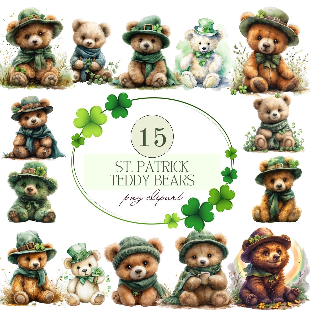 Watercolor St Patricks Teddy Bear Clipart, 15 PNG St Patricks Day ...