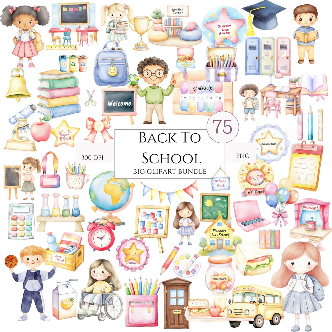 Back to School Clipart Bundle, Cute School Kids, Pastel Supplies ...