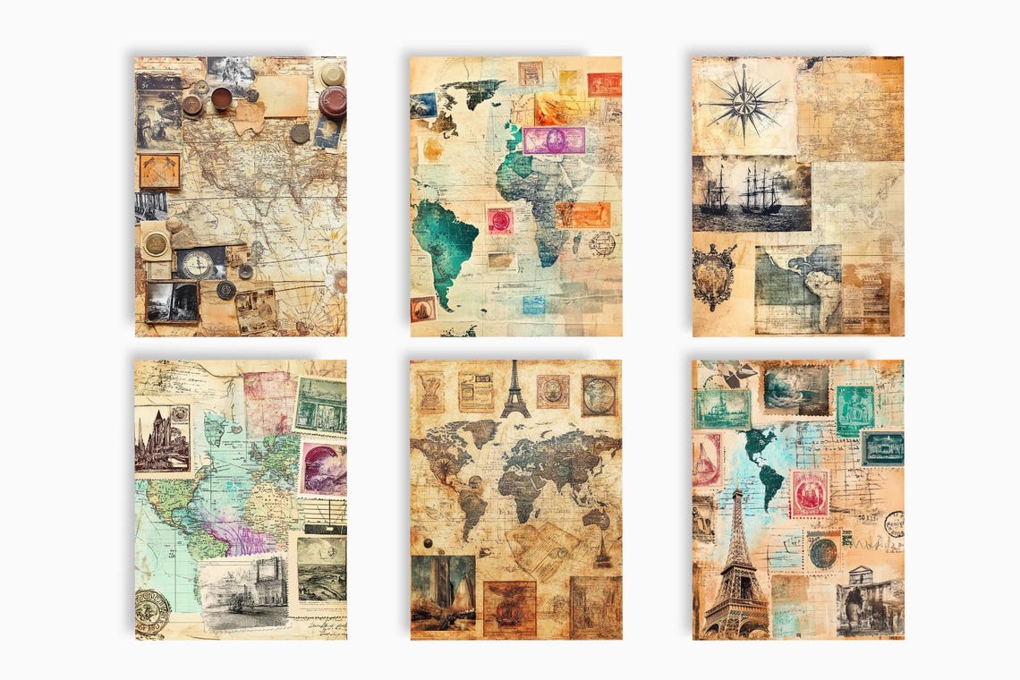 Travel Documents Digital Papers, Vintage Maps Scrapbook Paper Kit ...