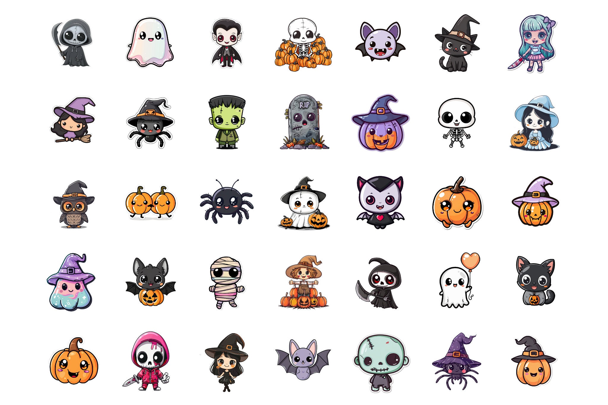 Cute Spooky Cartoon Halloween 35 PNG Clipart Bundle, Pumpkin Stickers ...