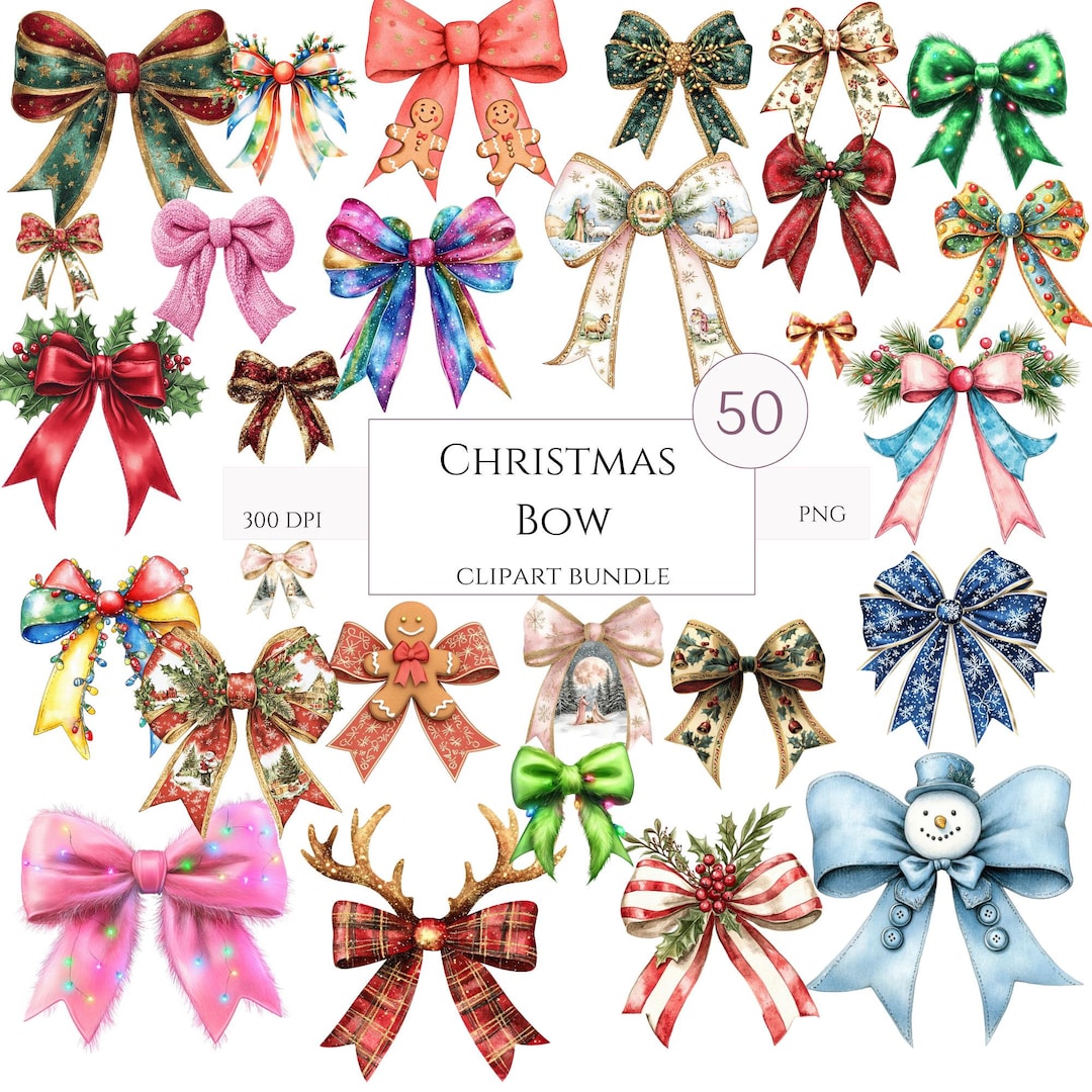 Christmas Bow Bundle, Coquette Christmas Bow Clipart Set, 50 PNG ...
