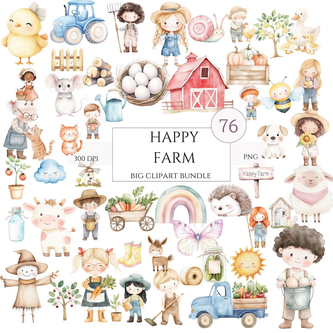 Cute Happy Farm Clipart Bundle, Watercolor Baby Animals, Cottage Farm ...