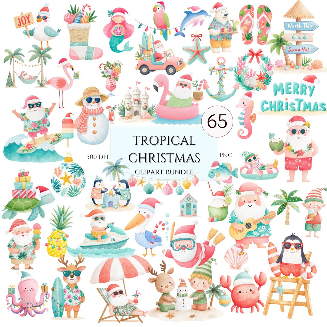Watercolor Tropical Christmas Clipart: Coastal Holiday PNG (digital ...