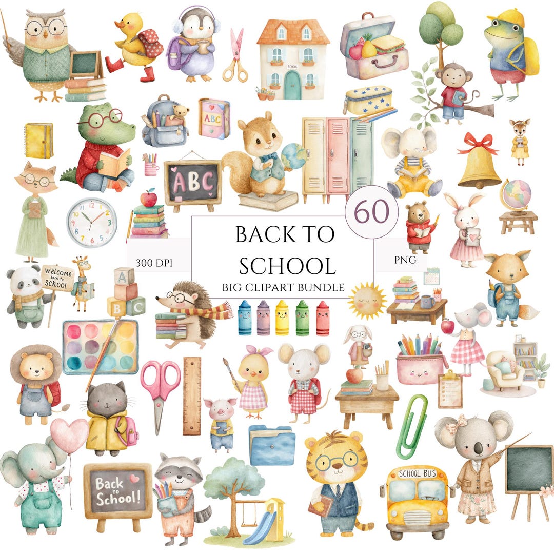 Back to School Clipart Bundle - Cute Animal Classroom PNG, Pastel ...