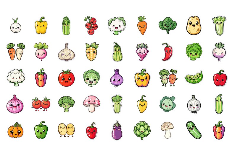 45 Cute Kawaii Vegetables and Greens Clip Art PNG Bundle | Digital ...
