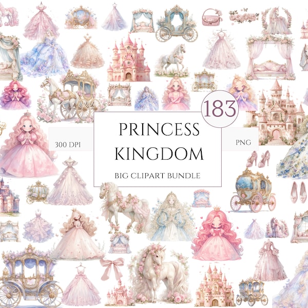20 Princess Gowns Clipart, Princess Dresses, Printable Watercolor ...