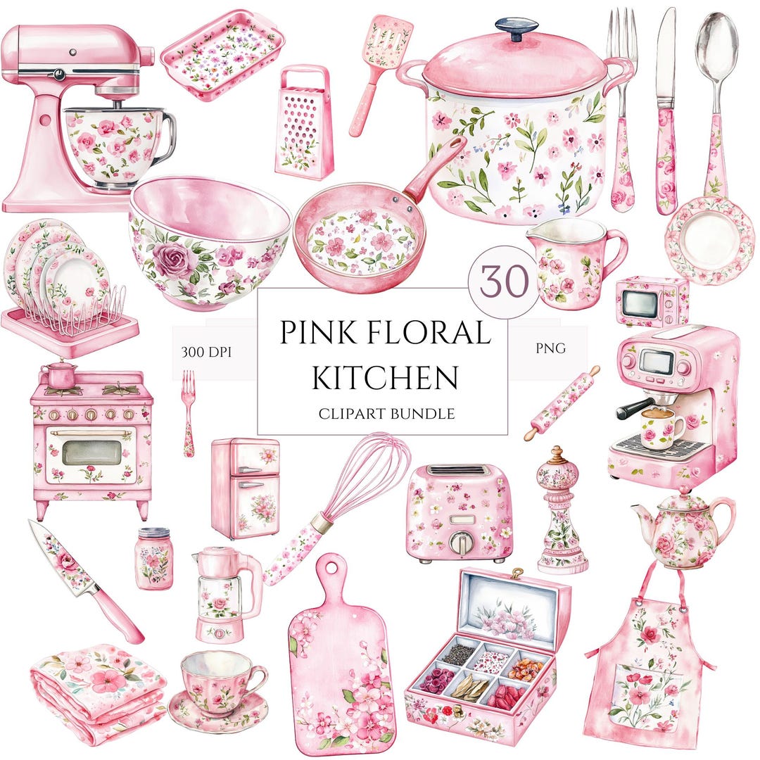 30 PNG Pink Kitchen Clipart, Watercolor Kitchenware Clipart, Shabby ...