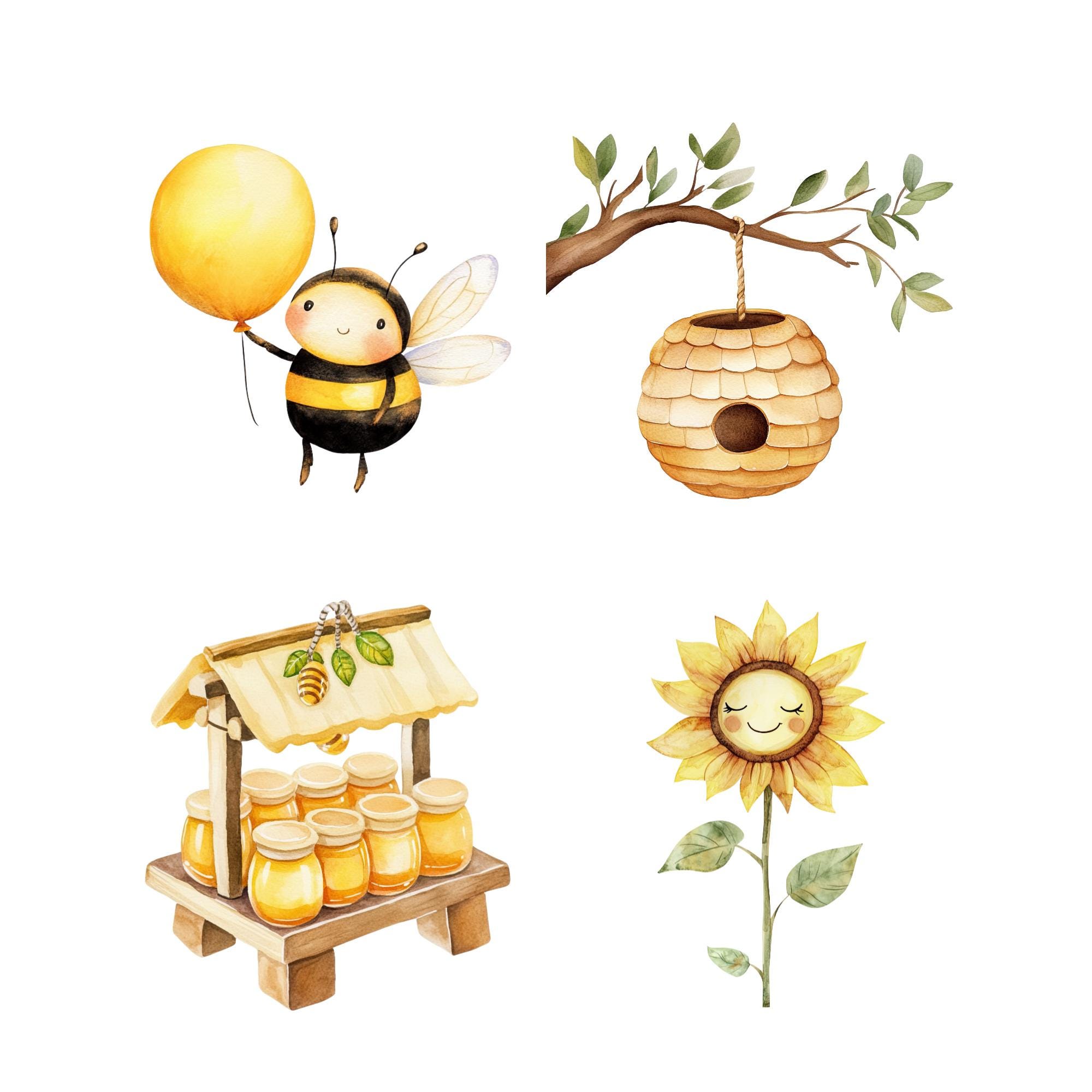 Cute Bee Watercolor Clipart, Baby Bumble Bee & Honey PNG, Bee Baby ...