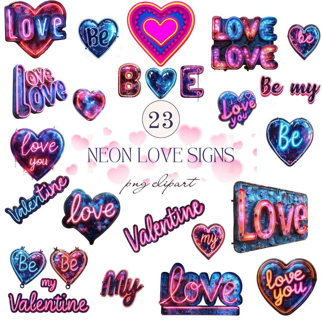 23 Neon Love Clipart Bundle, Glowing Wedding PNG Graphics, Neon ...