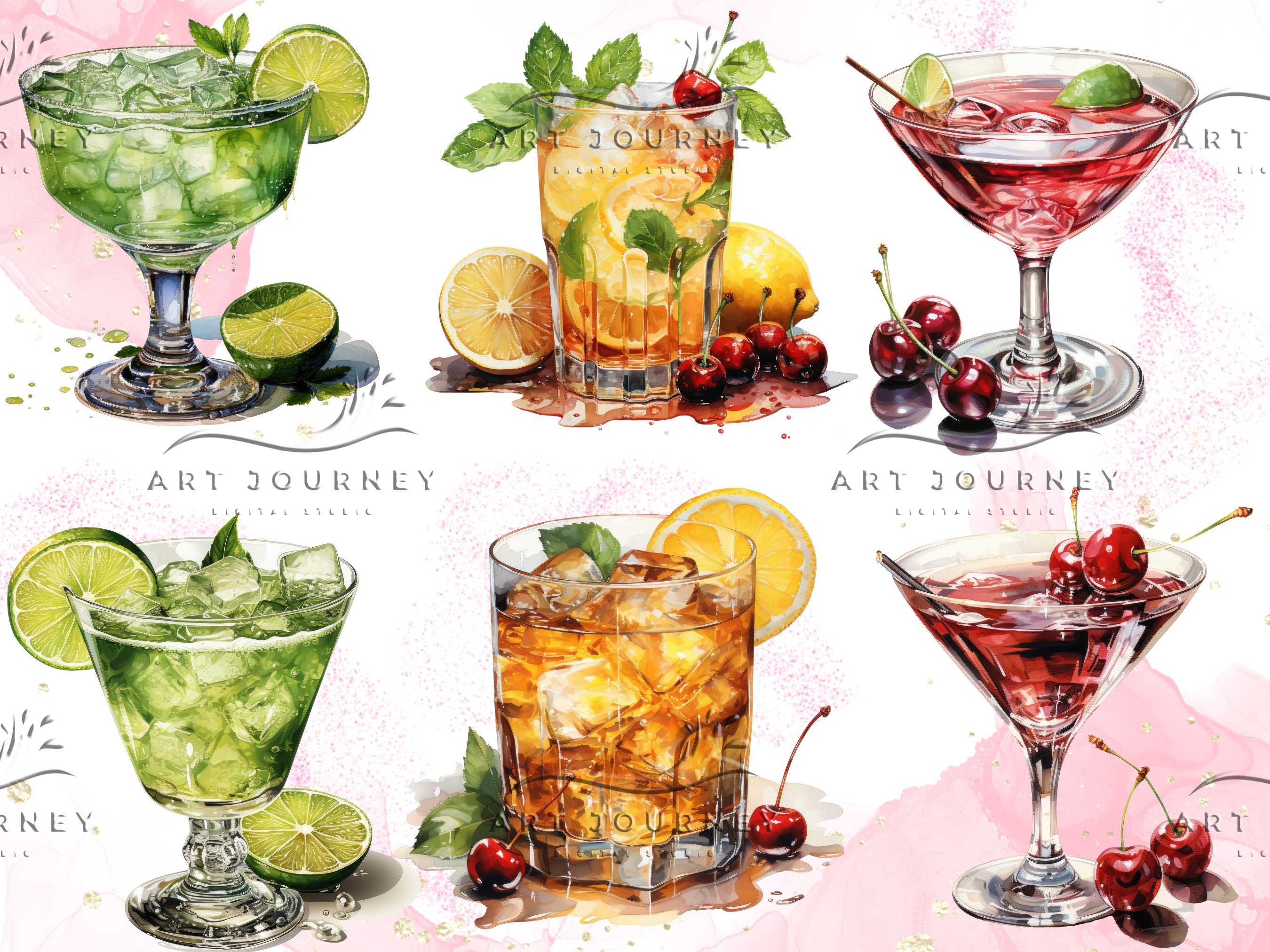 Watercolour Cocktail Clipart Set: Vibrant Alcohol and Non-alcoholic ...