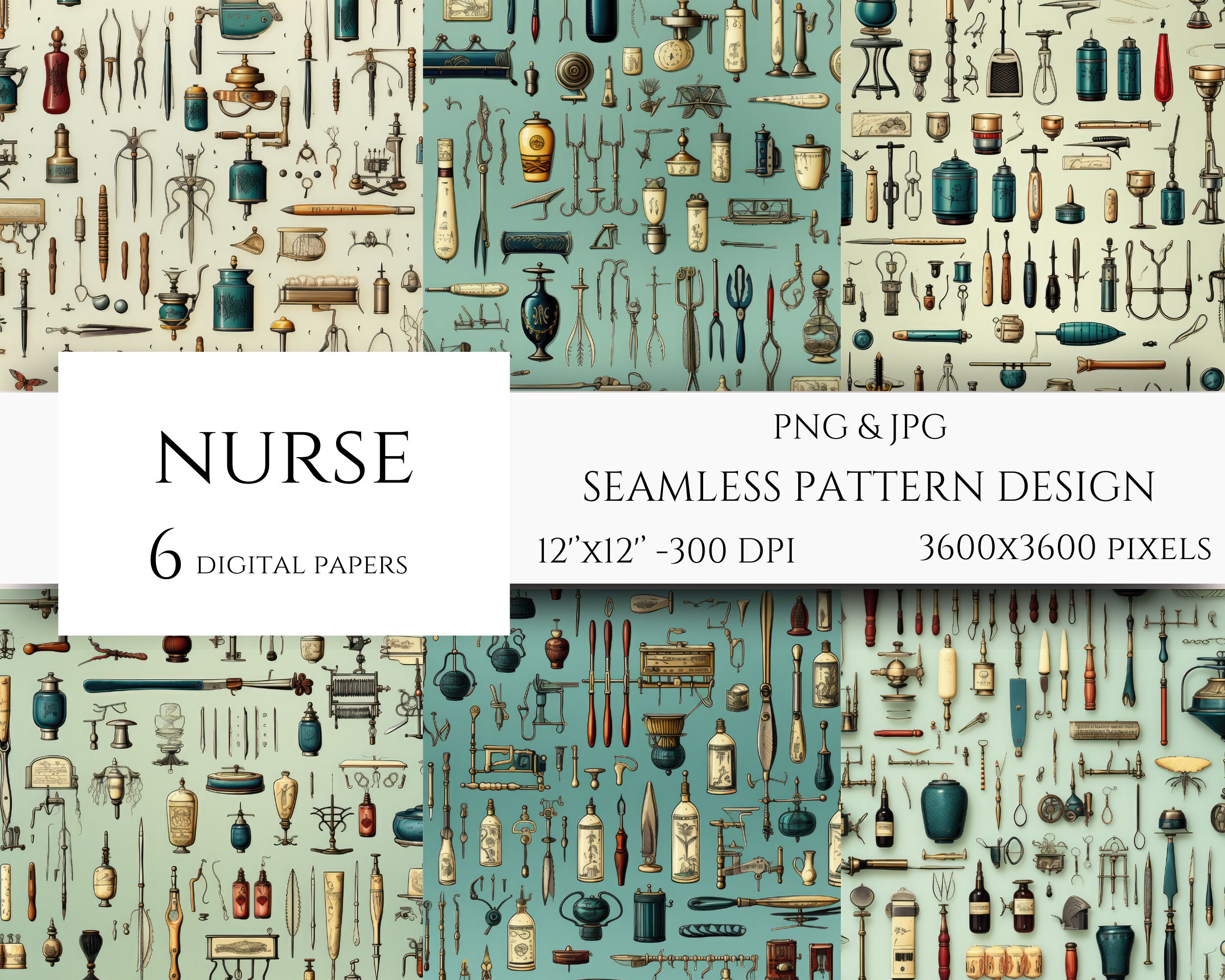 Nurse Seamless Pattern Digital Paper Png Bundle, Nurse Repeating ...