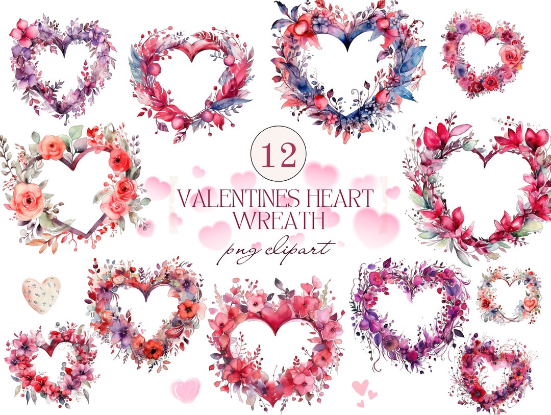 Watercolor Heart Flower Wreath Clipart, 12 PNG Valentines Day Clipart ...
