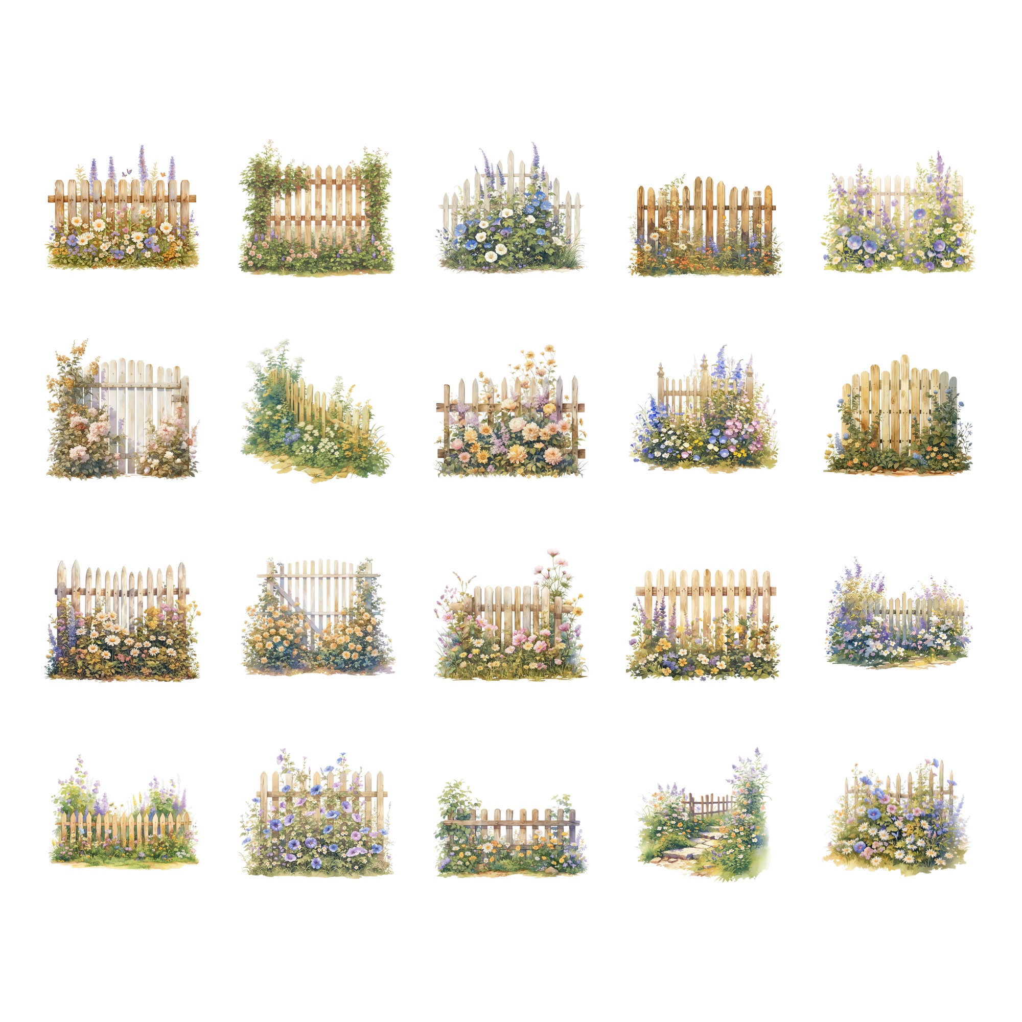 20 Watercolor Fences Clipart, Wooden Fence, Floral Fence Clipart ...