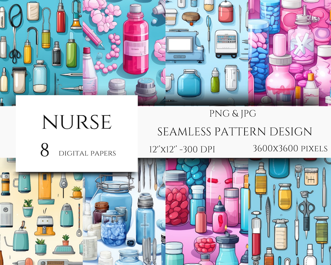 Nurse Seamless Pattern Digital Paper Png Bundle, Nurse Repeating ...
