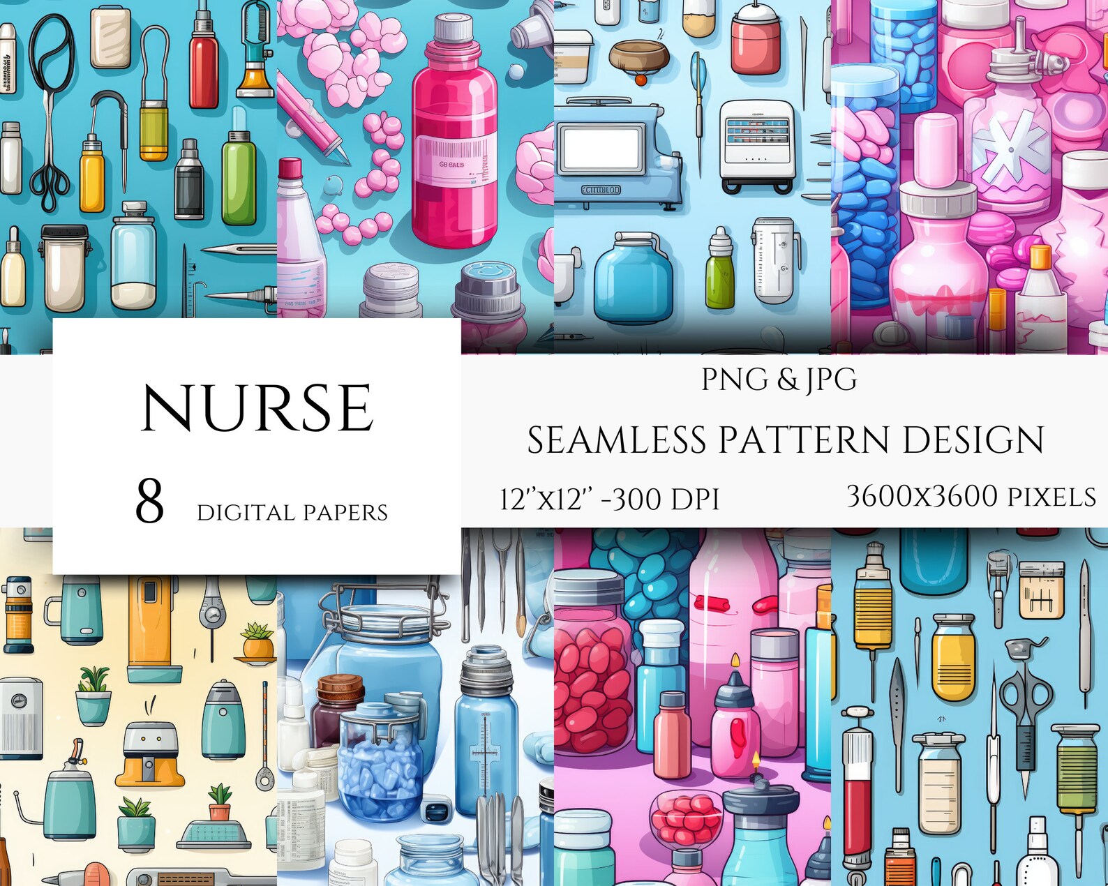 Nurse Seamless Pattern Digital Paper Png Bundle, Nurse Repeating ...
