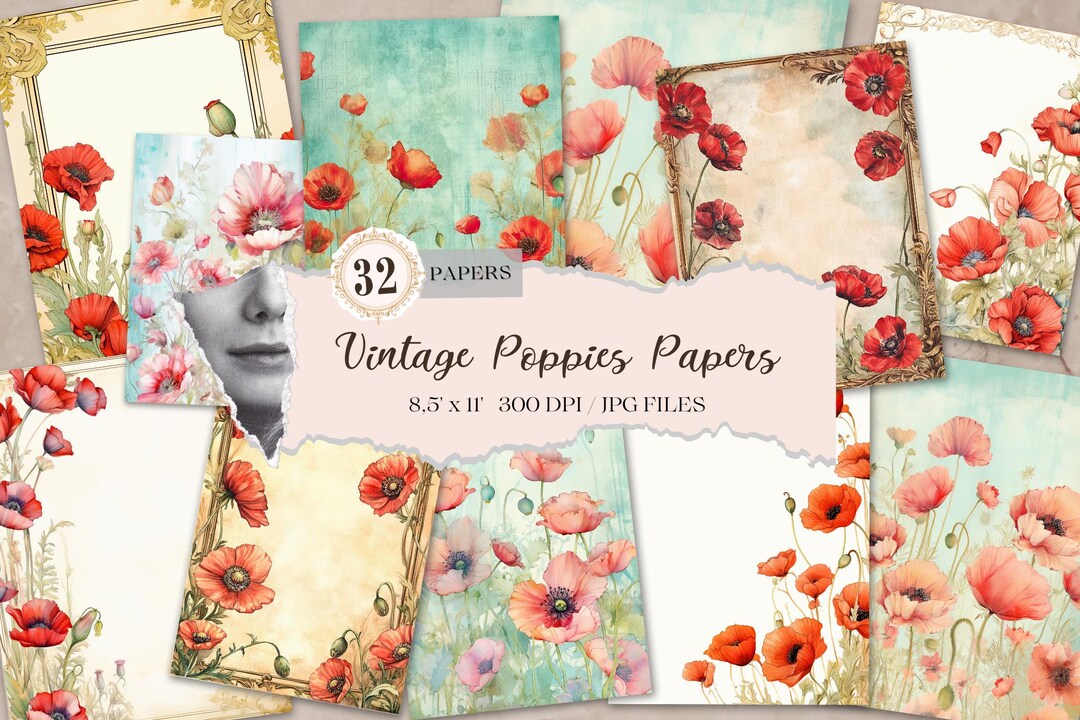 Vintage Poppies Journal Pages, Poppy Printable Ephemera, Floral Journal ...
