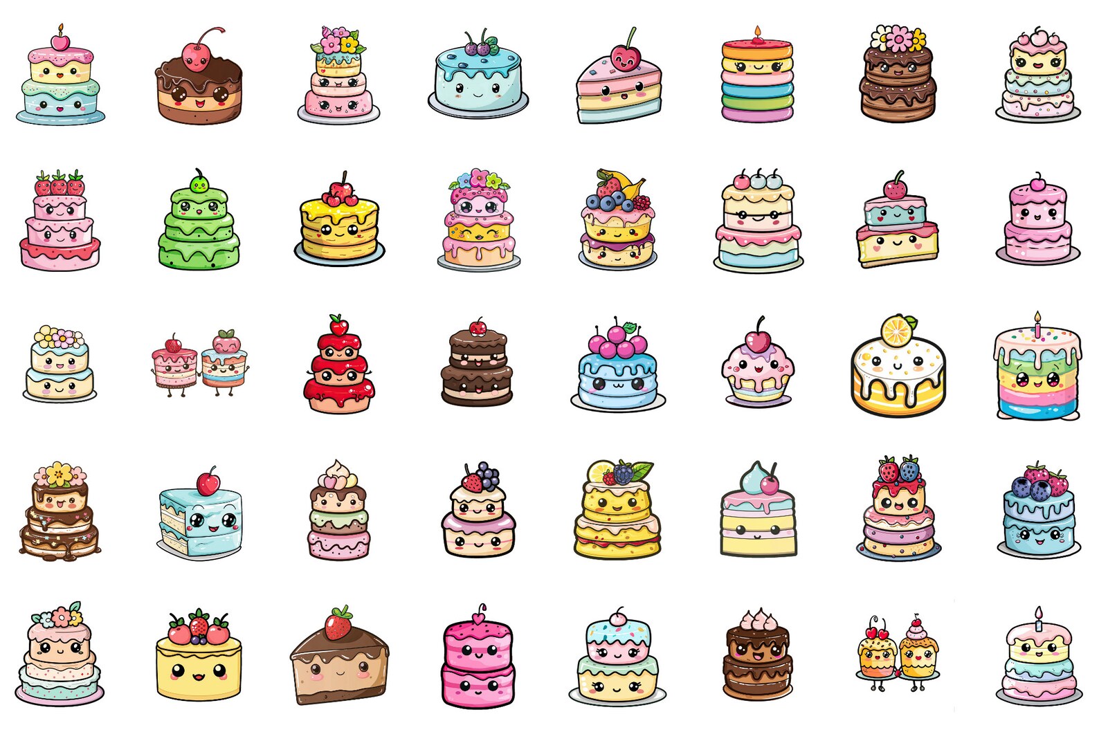 Kawaii Cute Cake Clipart Bundle - 40 PNG Bundle Adorable Cakes Clipart ...