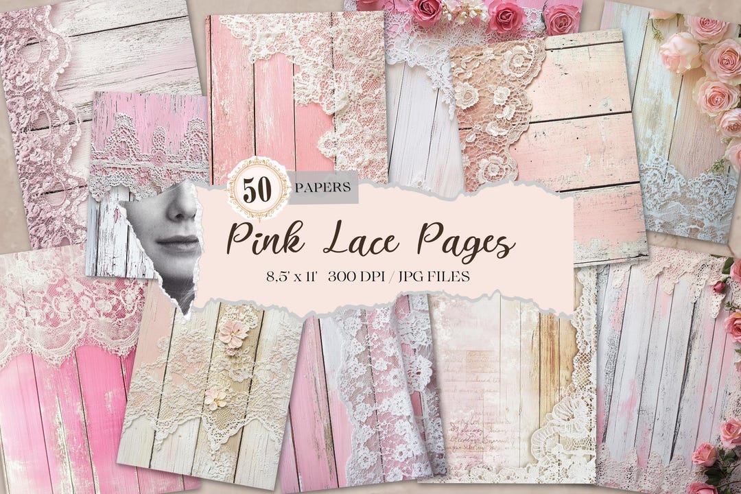 Pink Lace Journal Papers, 50 JPG Printable Lace and Wooden Desk Shabby ...