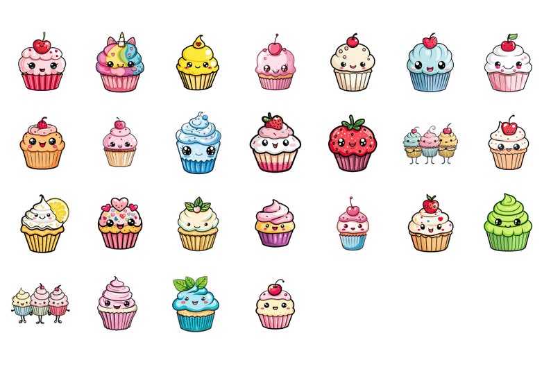 Kawaii Cupcake Clipart Bundle 52 PNG Bundle Adorable Cupcake Clipart ...