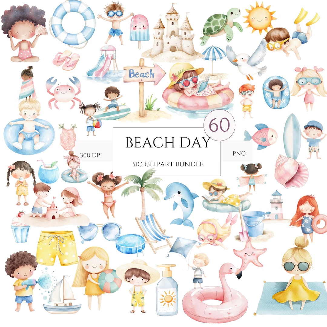 Cute Summer Beach Clipart Bundle, Watercolor Kids, Floaties, Ice Cream ...