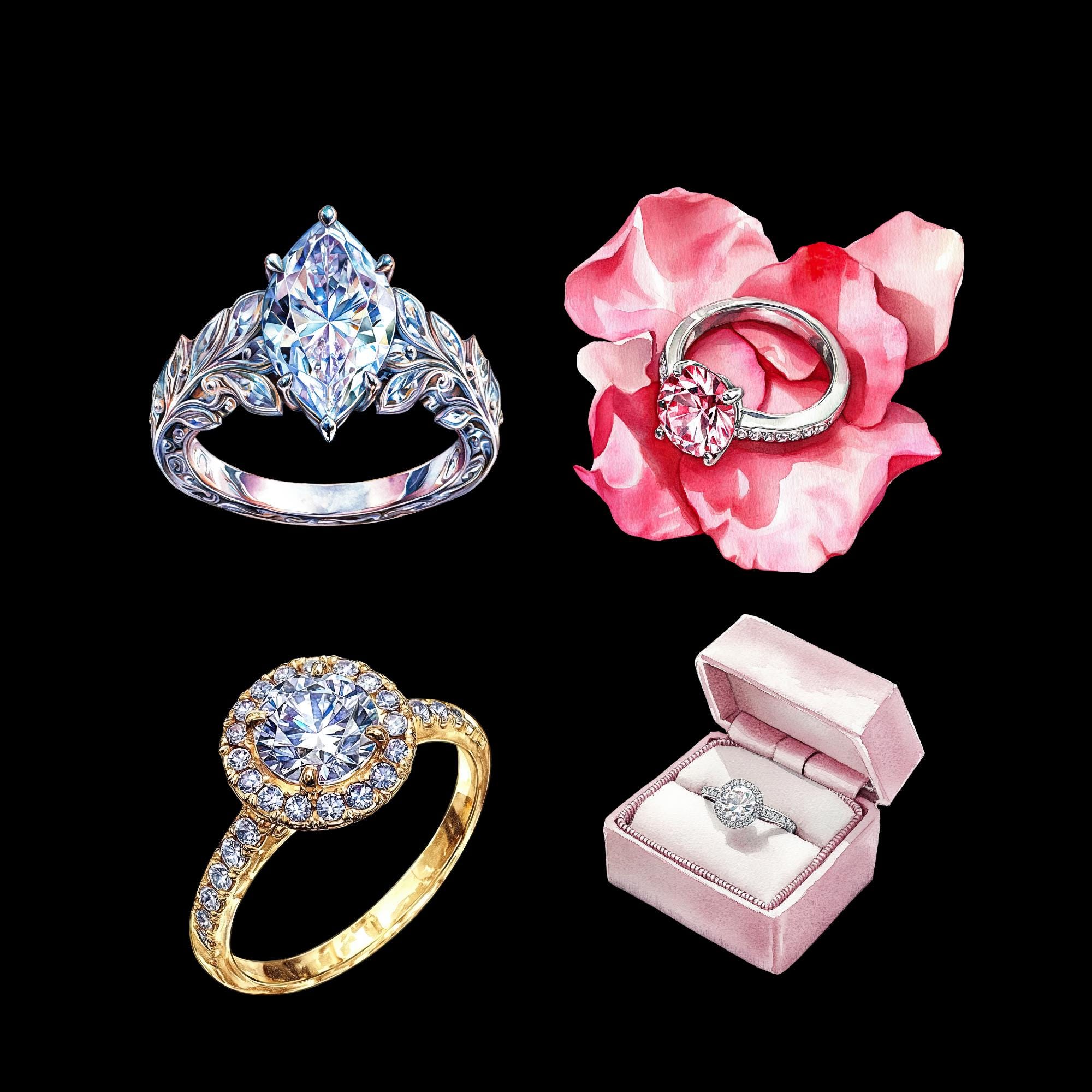 Watercolor Engagement Rings Clipart, 40 Wedding & Promise Ring PNG ...