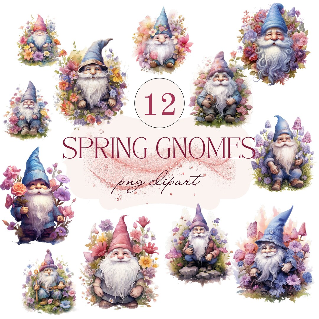 Watercolor Garden Gnomes Collection Clipart, 12 PNG Spring Garden ...