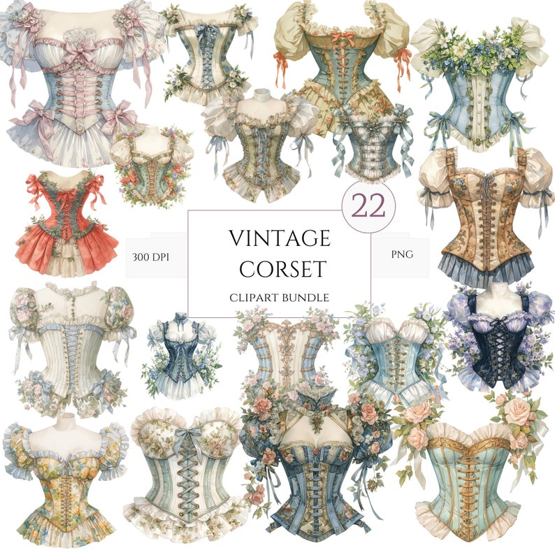 22 Watercolor Corset Clipart, Vintage Corset Clipart Bundle, Vintage ...