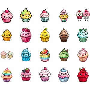Kawaii Cupcake Clipart Bundle - 52 PNG Bundle Adorable Cupcake Clipart ...