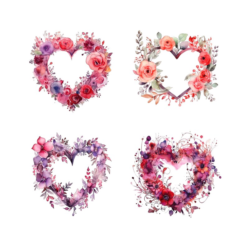 Watercolor Heart Flower Wreath Clipart, 12 PNG Valentines Day Clipart ...