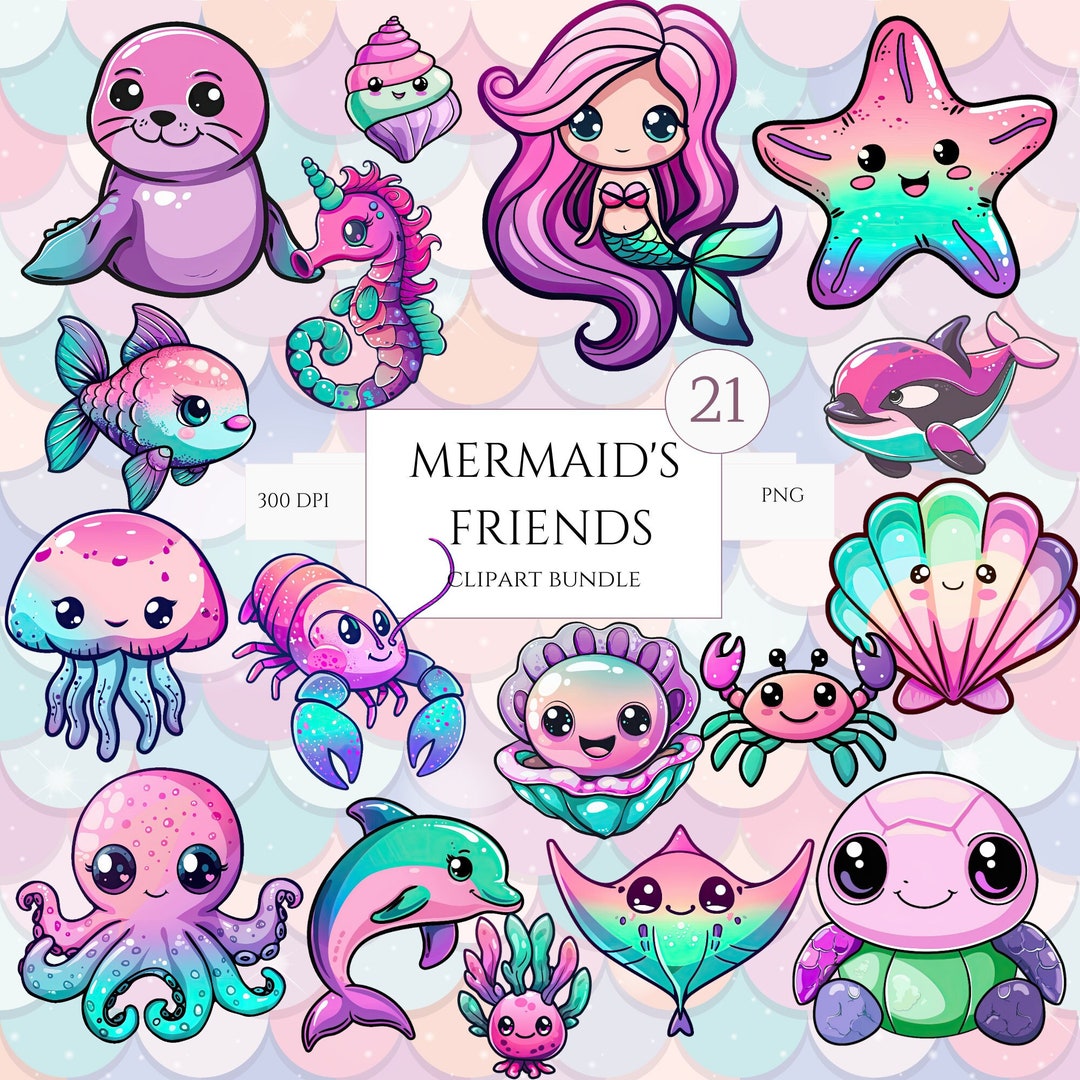 Kawaii Cute Mermaid Clipart Bundle, Mermaid Friends 21 Pngs Set, Cute ...