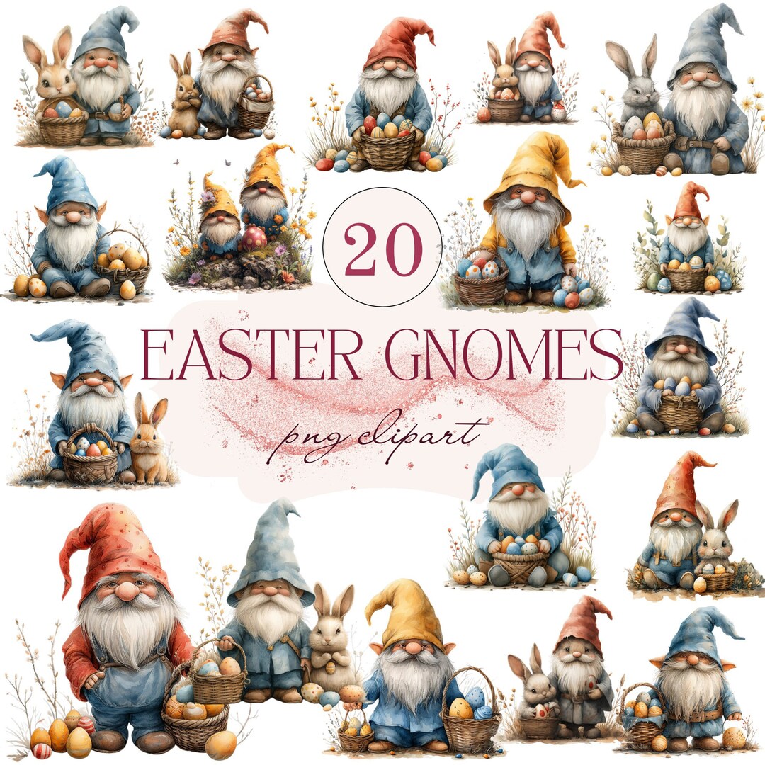 Watercolor Easter Gnome Collection Clipart, 20 PNG Easter Clipart ...