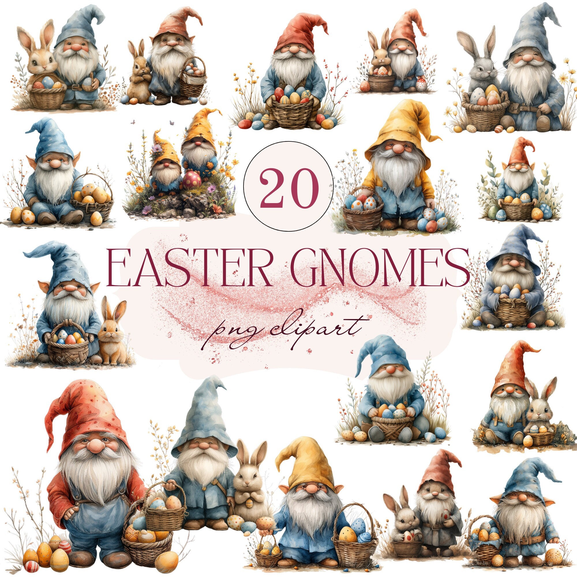 Watercolor Easter Gnome Collection Clipart, 20 PNG Easter Clipart ...