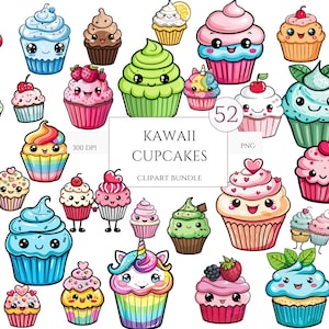 Kawaii Cupcake Clipart Bundle - 52 PNG Bundle Adorable Cupcake Clipart ...