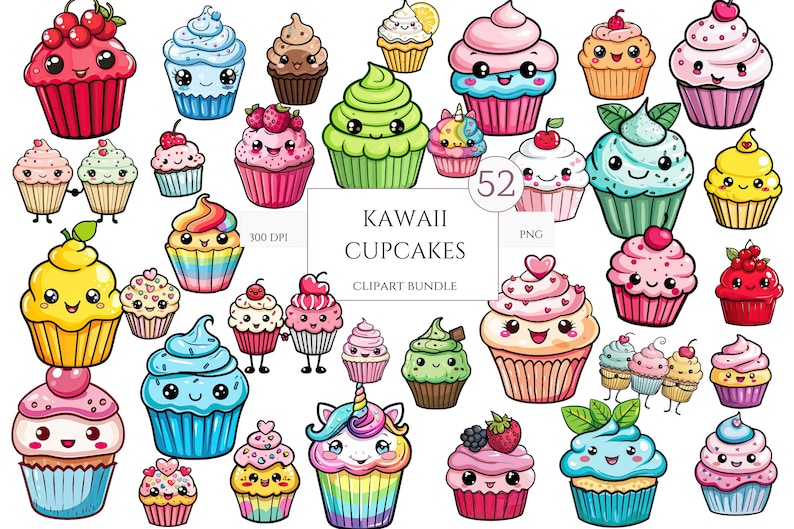 Kawaii Cupcake Clipart Bundle - 52 PNG Bundle Adorable Cupcake Clipart ...