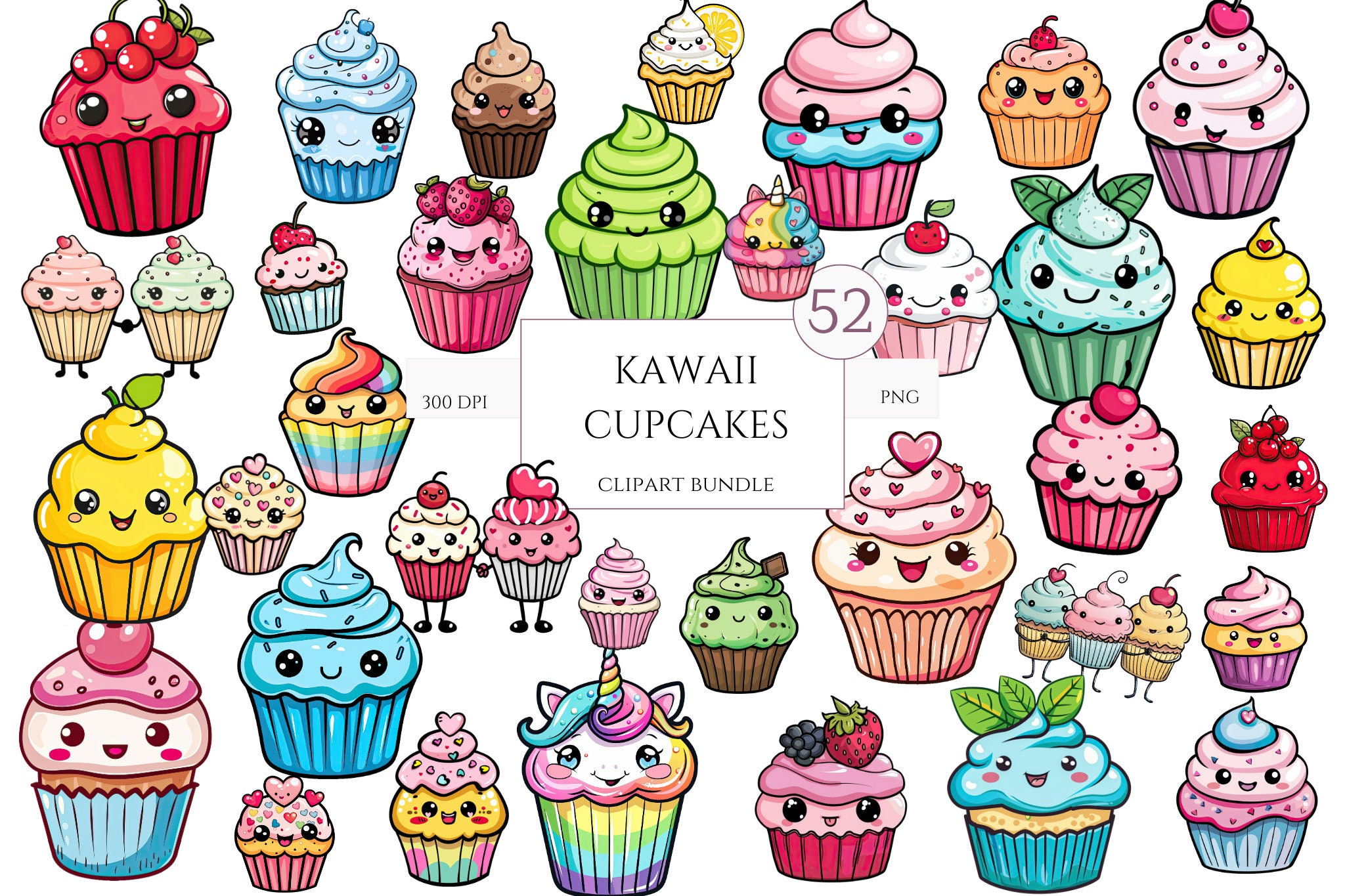 Kawaii Cupcake Clipart Bundle - 52 PNG Bundle Adorable Cupcake Clipart ...