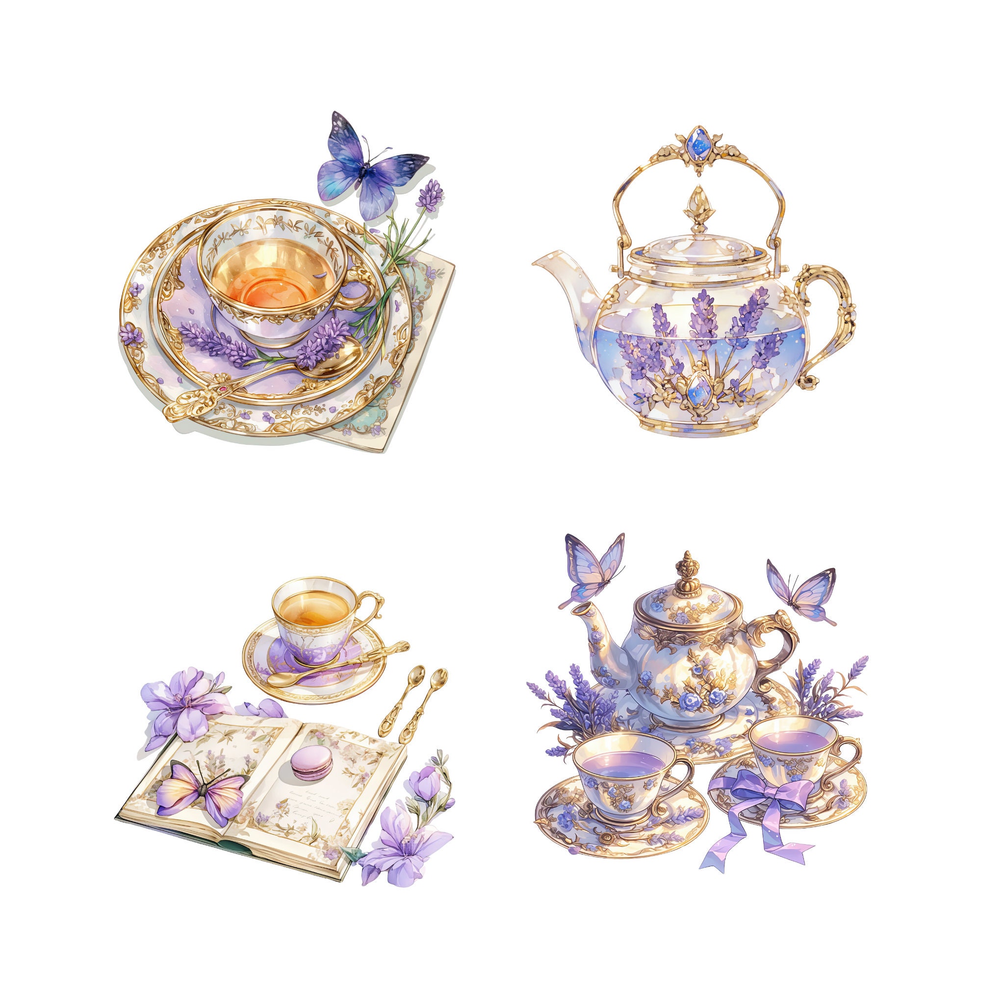 33 PNG Watercolor Vintage Lavender Tea Time Clipart, Pastel Tea Clipart ...