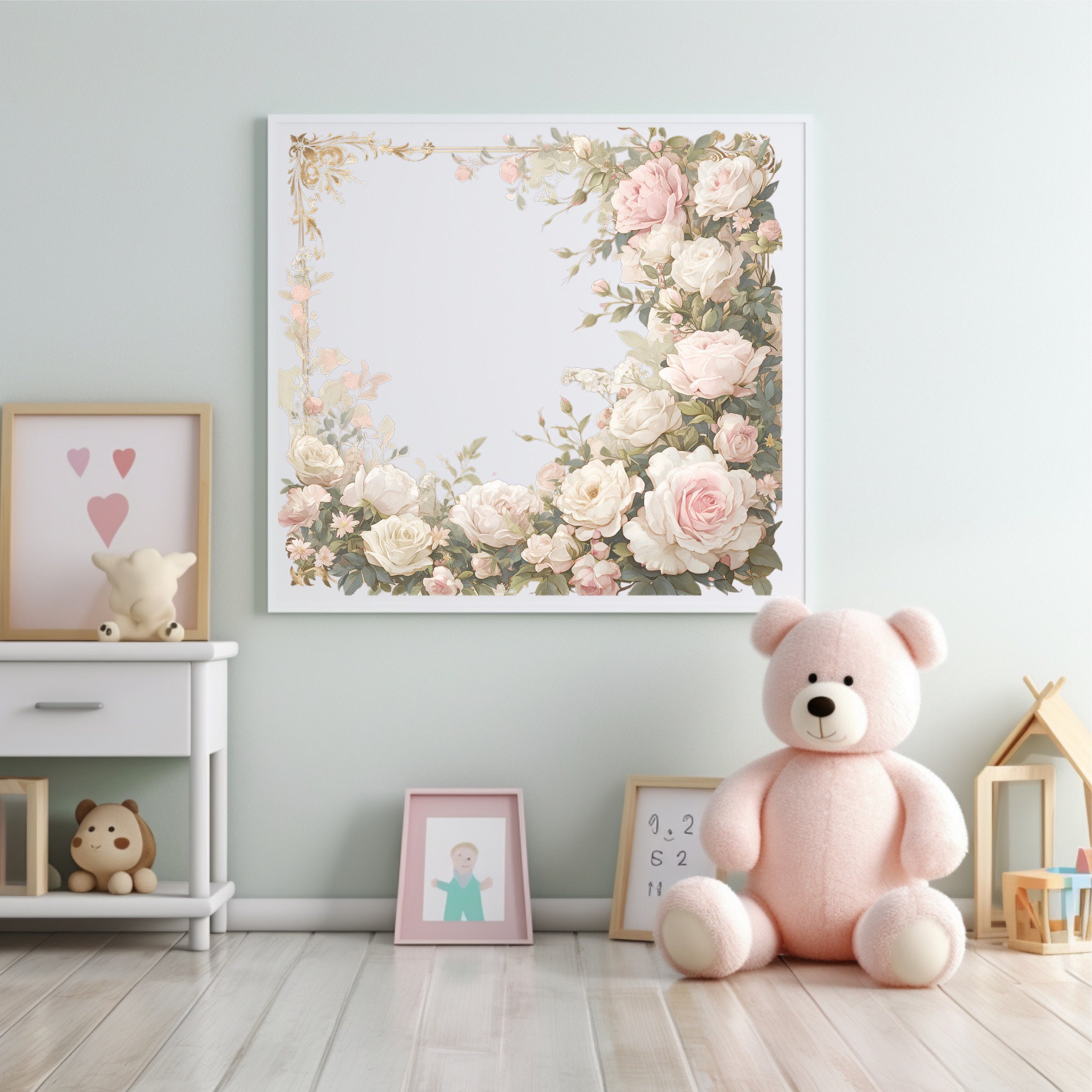 Set of 20, Pink and White Roses Frame Watercolor, Floral Frame Clipart ...