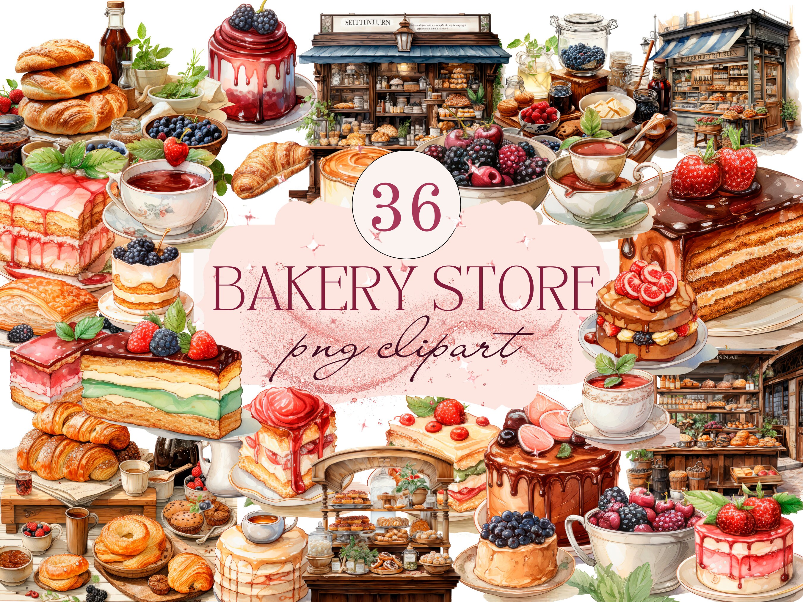 Cute Bakery Shop Clipart | Watercolor Bakery Storefronts |bakery Scene ...