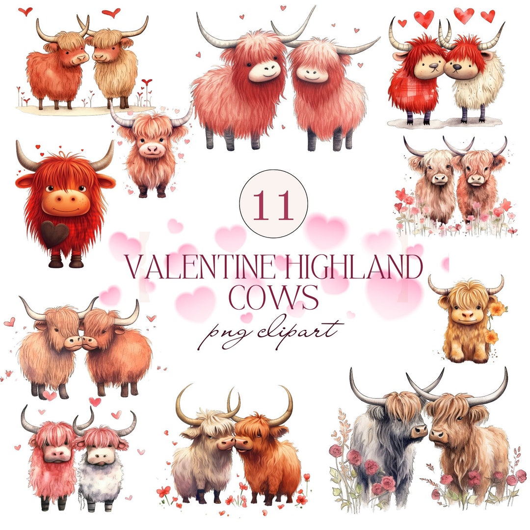 Watercolor Valentines Highland Cows Collection Clipart, PNG Valentines ...