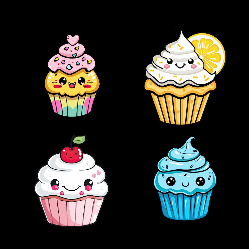Kawaii Cupcake Clipart Bundle - 52 PNG Bundle Adorable Cupcake Clipart ...