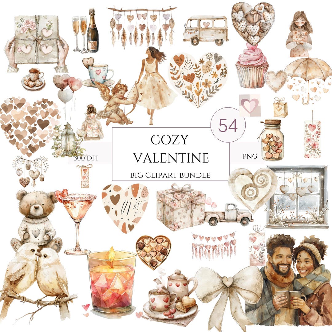 Watercolor Cozy Valentine Clipart Bundle, Rustic Love Neutral ...