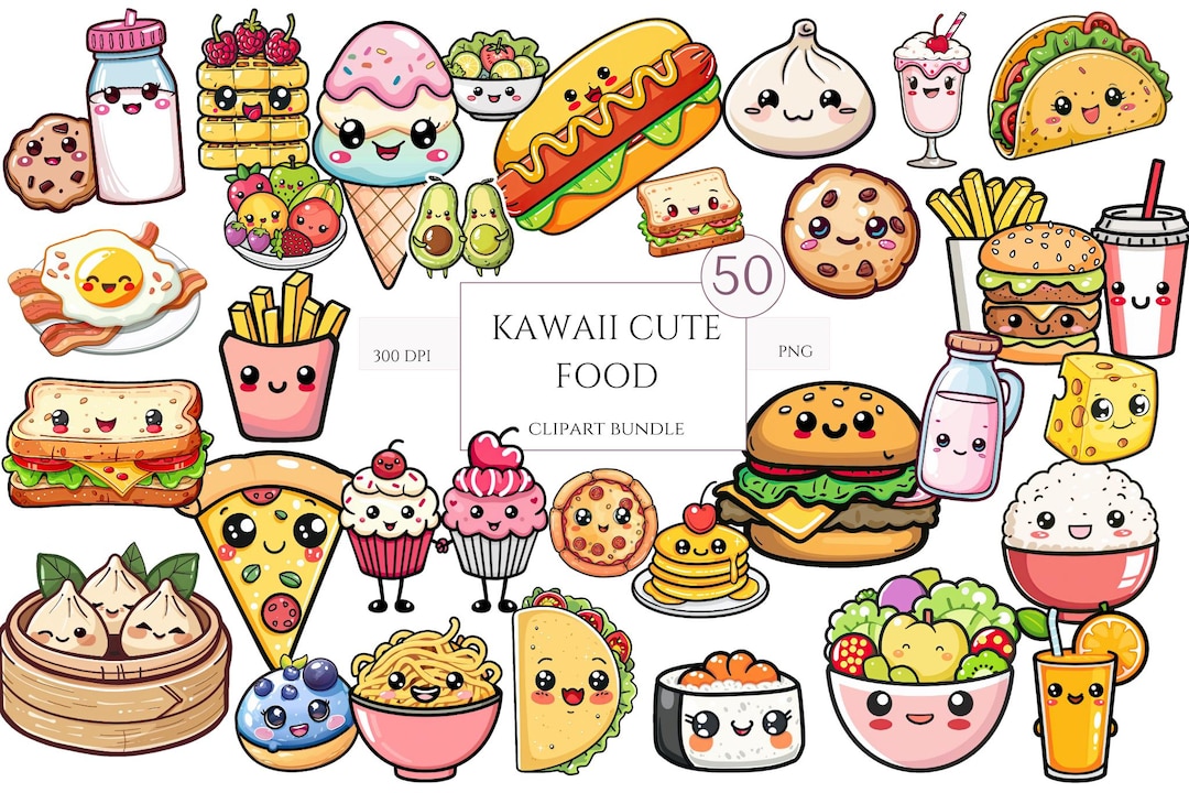 50 Cute Kawaii Food Clip Art PNG Bundle | Kawaii Breakfast | Kawaii ...