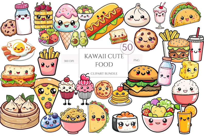 50 Cute Kawaii Food Clip Art PNG Bundle | Kawaii Breakfast | Kawaii ...